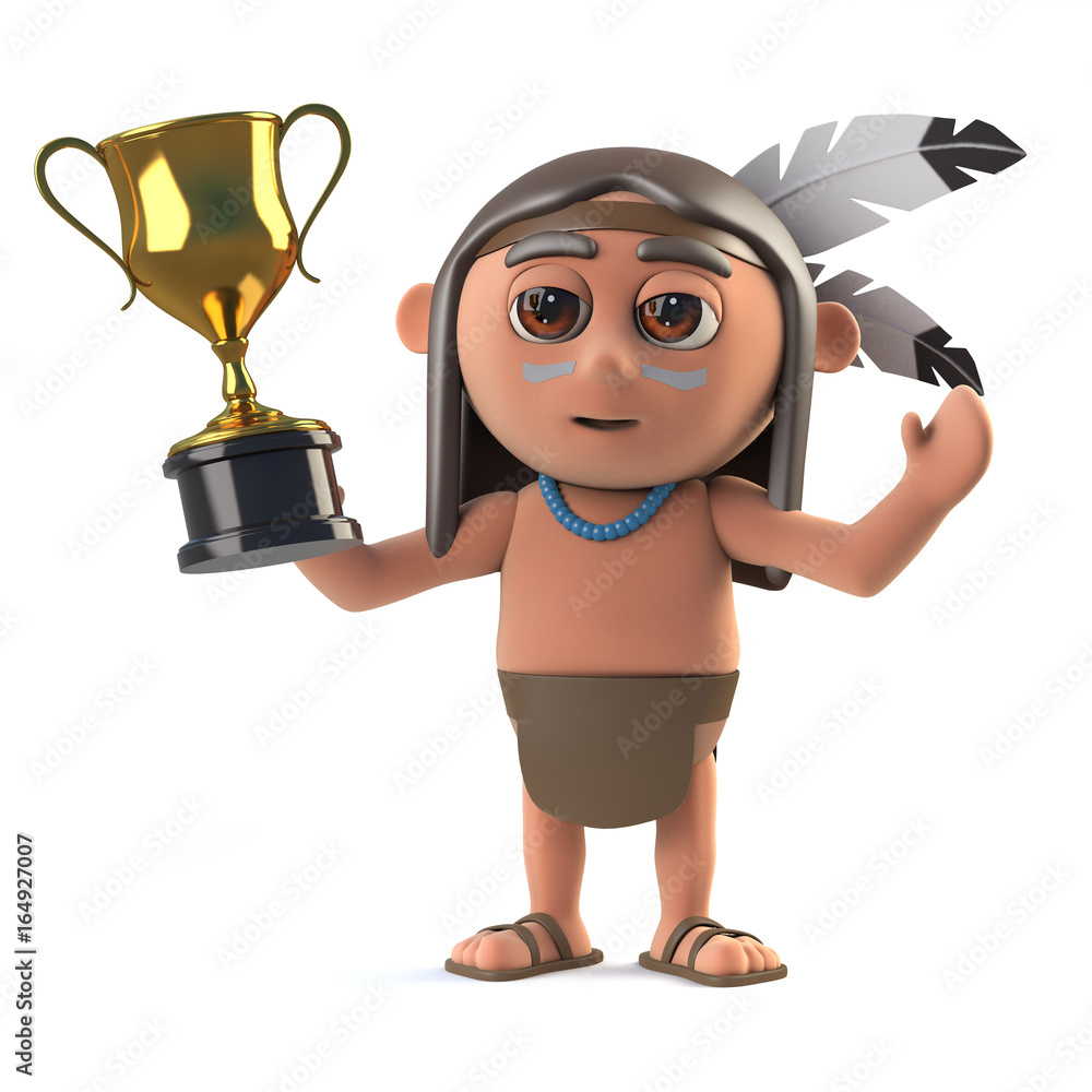 3d Funny cartoon Native American Indian holding a gold cup trophy award ...