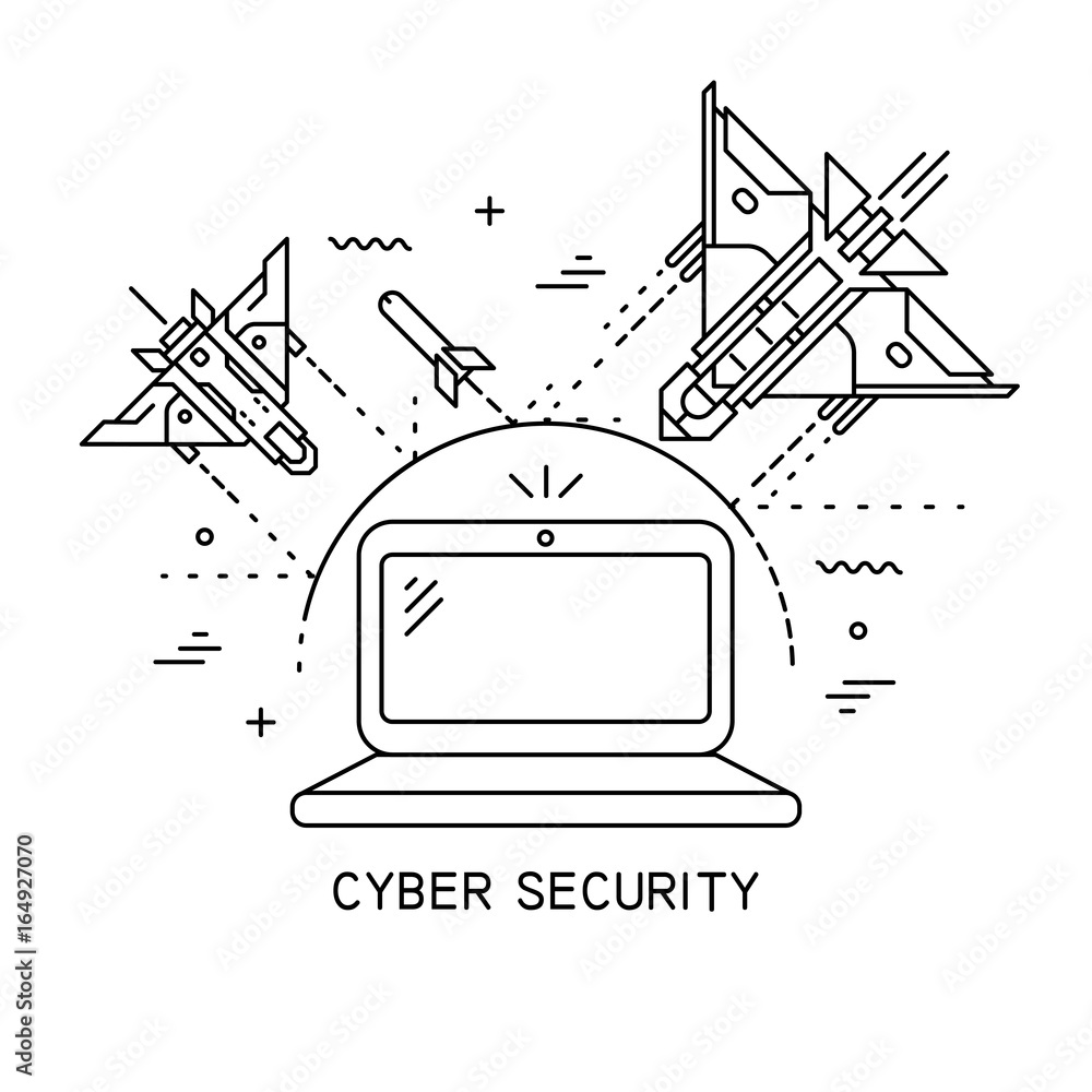 Vector thin line illustration on the theme of cyber security, attack ...