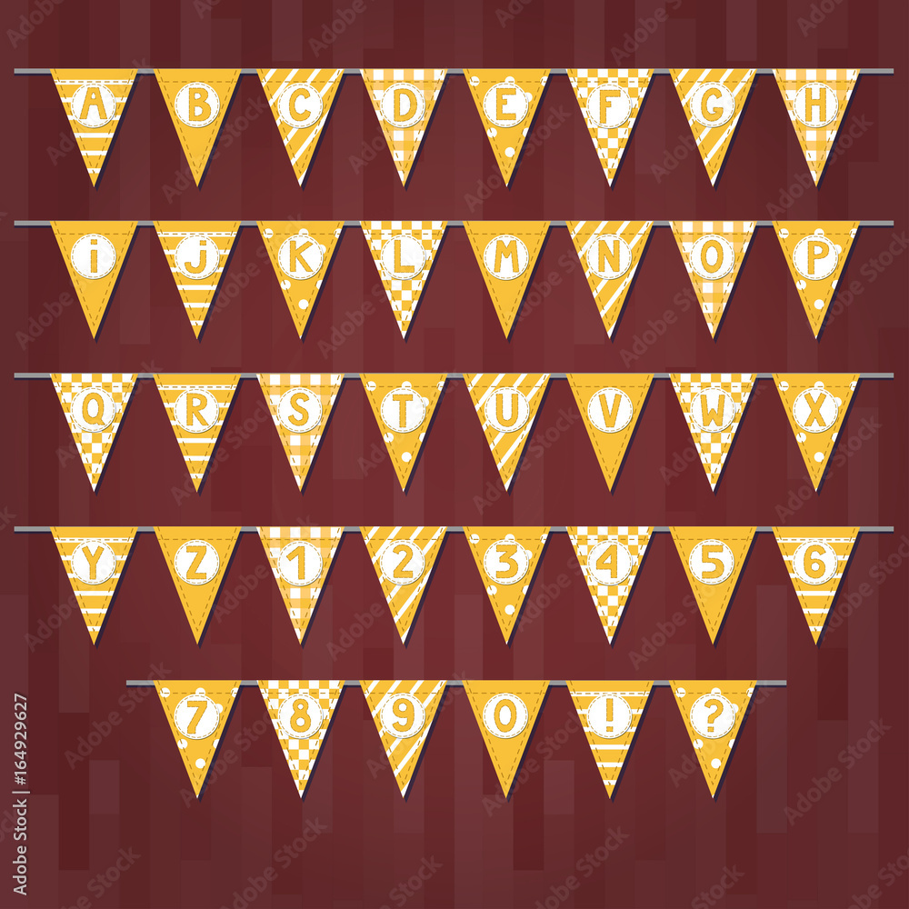 Set of cartoon flag garlands with alphabet: letters and numbers. Stock ...