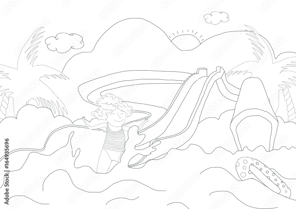 Drawing plate for kids with a girl playing on a waterpark waterslide ...