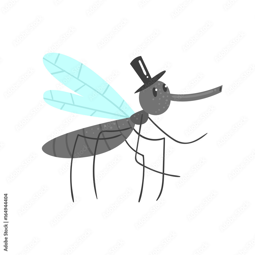 Cute cartoon mosquito character in a black hat vector Illustration ...