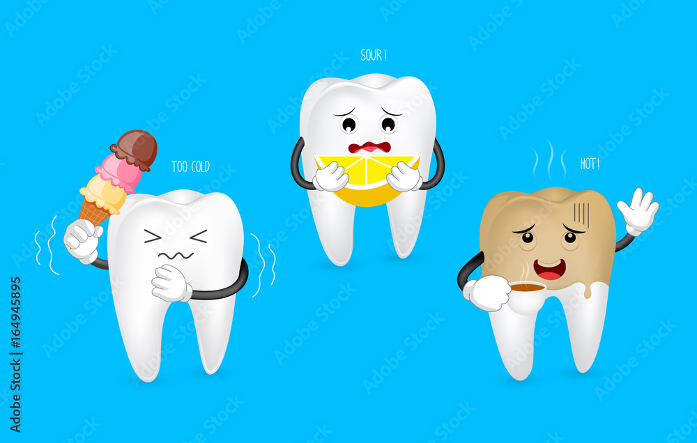 Cute cartoon sensitive teeth character. Ice cream, Sour lemon and hot ...