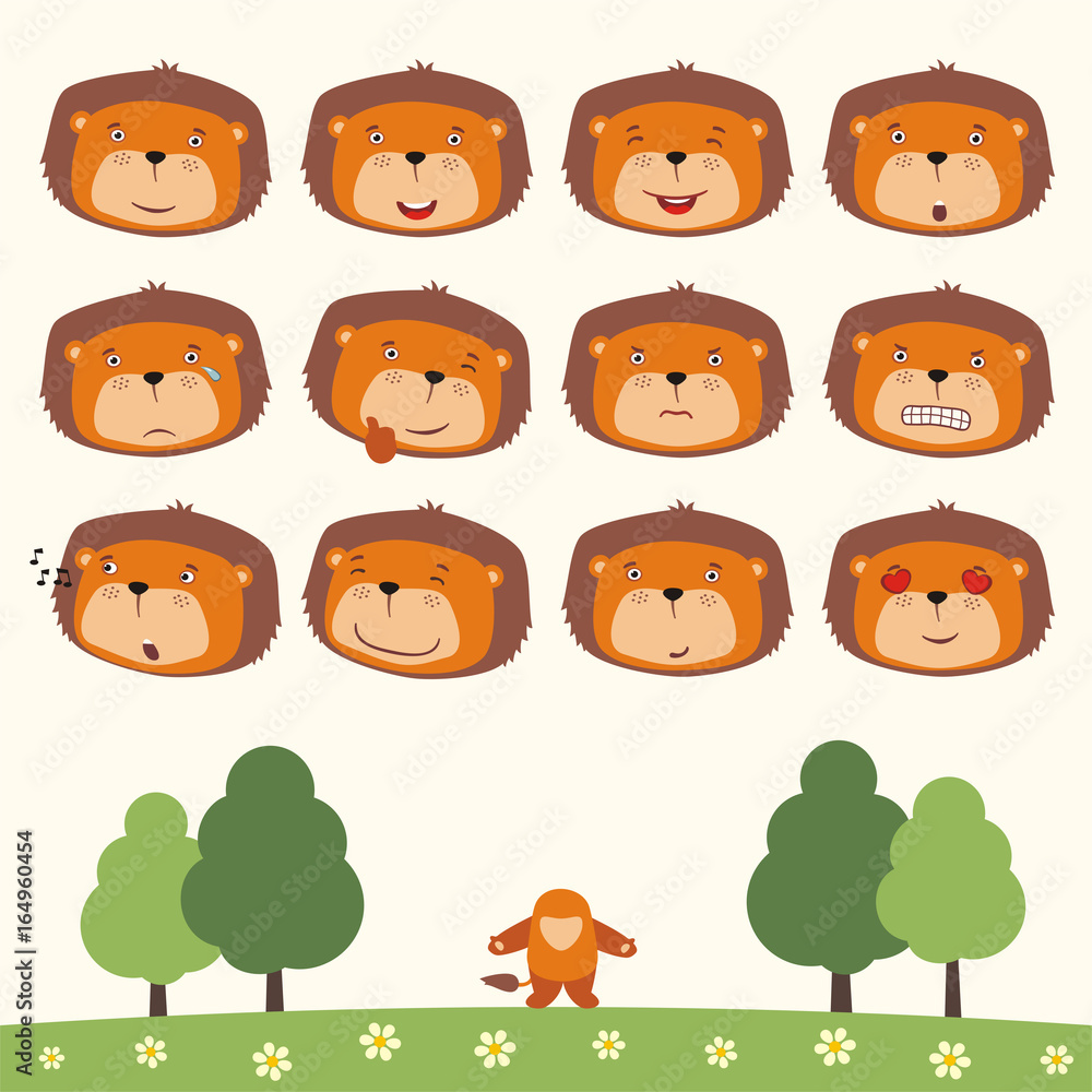 Emoticons set face of lion in cartoon style. Collection isolated heads ...