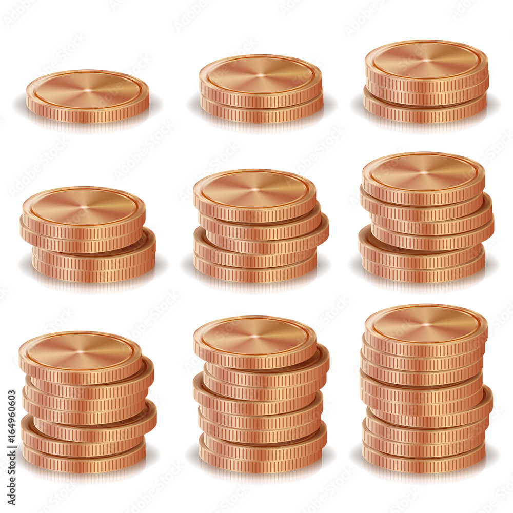 Bronze, Copper Coins Stacks Vector. Silver Finance Icons, Sign, Success ...