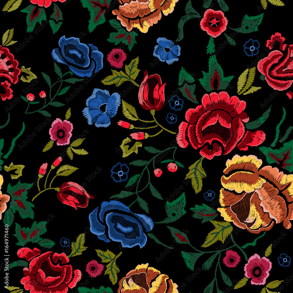 Embroidery seamless pattern with red and blue roses. Vector embroidered ...
