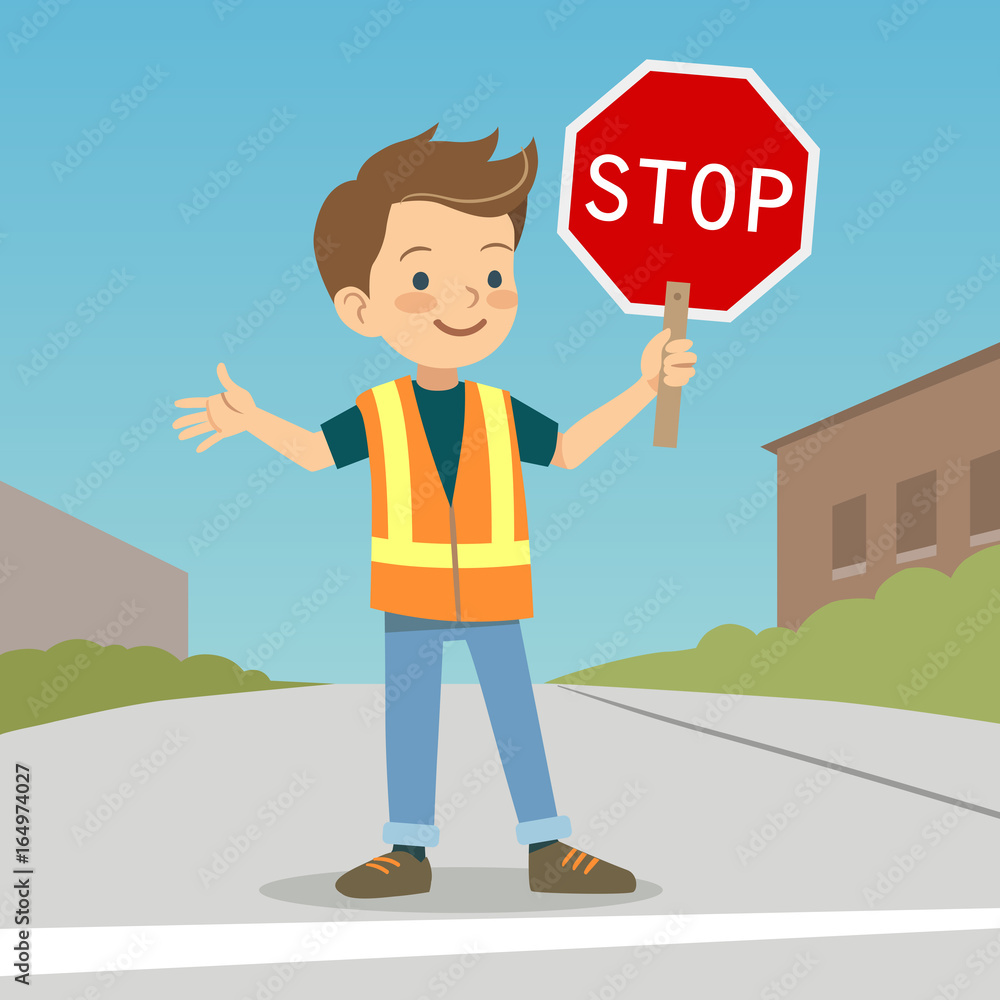 Little boy in crossing guard uniform in the street Stock Vector | Adobe ...