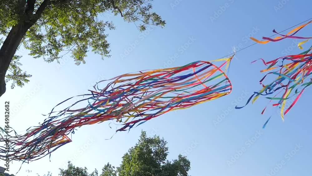 Colorful ribbons in the wind. Colored ribbons tied to a tree, swaying ...