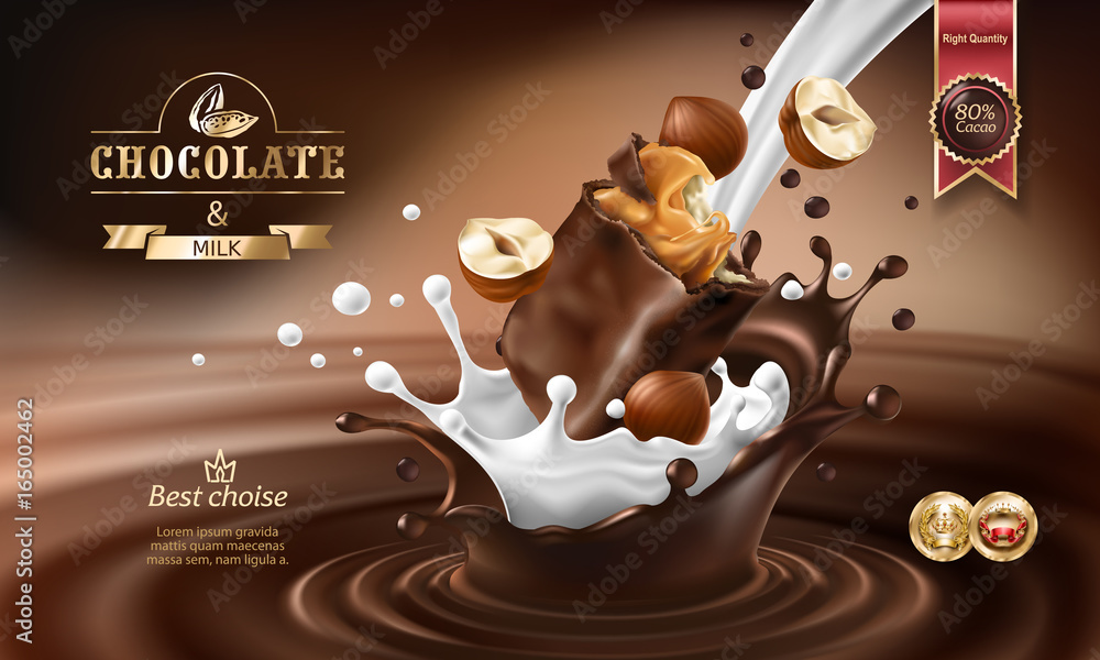 Vector 3D realistic illustration, splashes of melted chocolate and milk ...