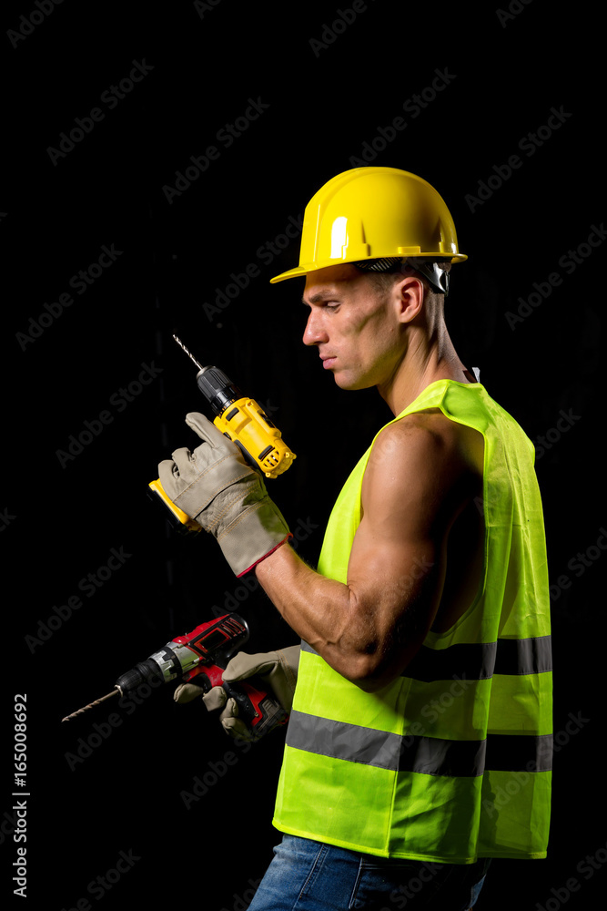 fit shirtless worker with tools Stock-Foto | Adobe Stock