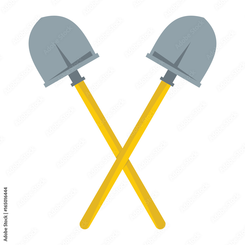 Crossed Shovels flat cartoon icon. Shovels vector illustration for ...