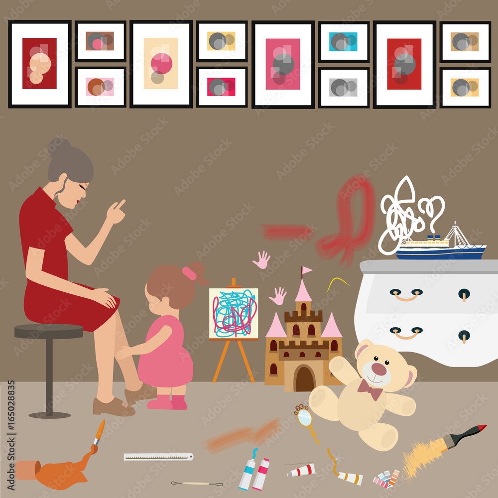 messy untidy home kids children paint all over wall mom woman looks ...