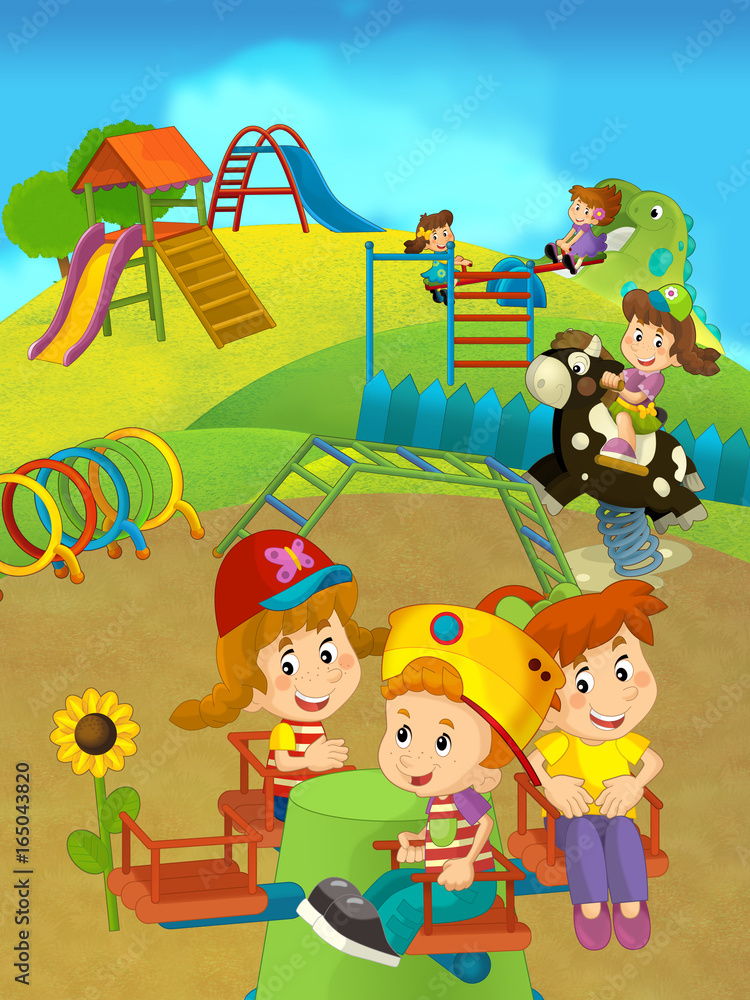 cartoon fairy tale scene - kids having free time at playground ...
