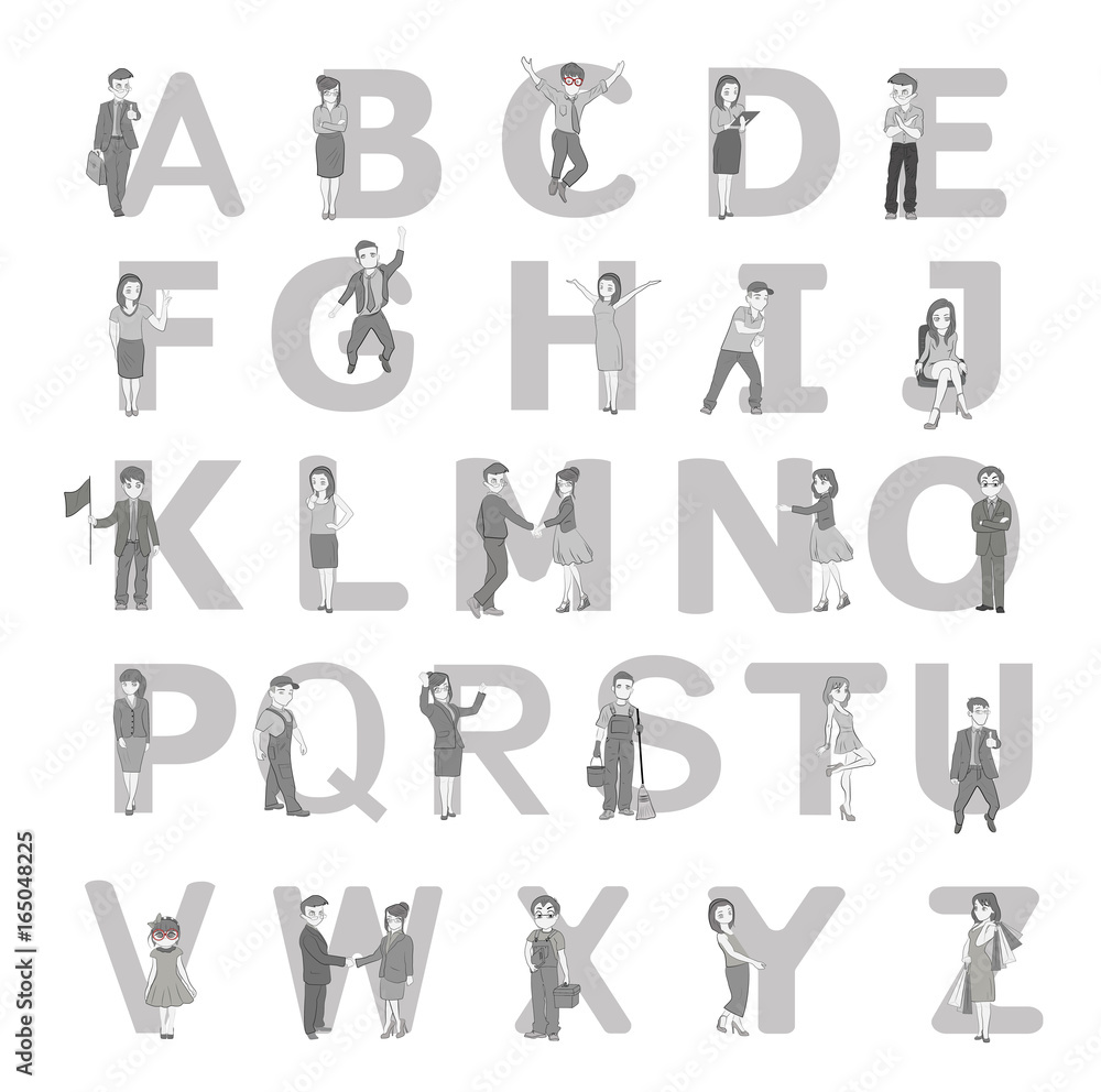 Cartoon icons set of sketch little people with letters. Doodle cute ...