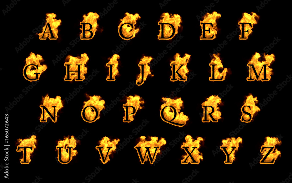 Fire alphabet isolated on black background, 3d illustration Stock ...
