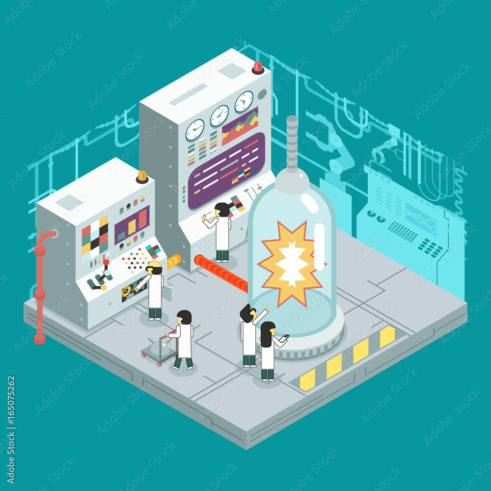 Isometric scientific laboratory experiment experience scientists work ...