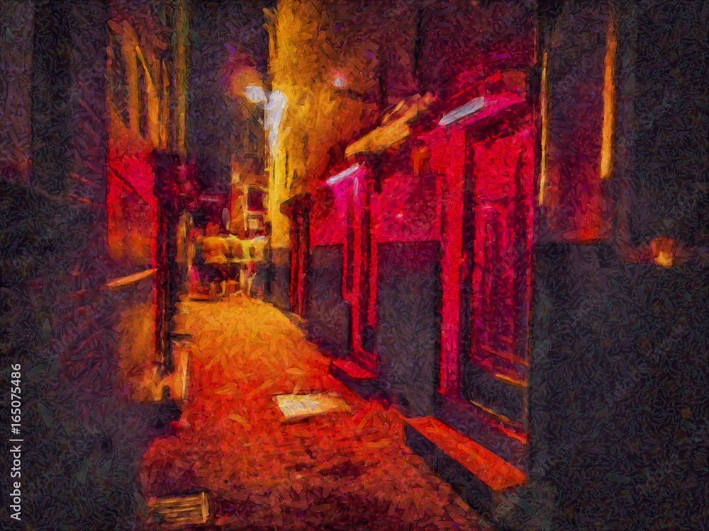 View of the red light district at night in Amsterdam. Oil painting. Red ...