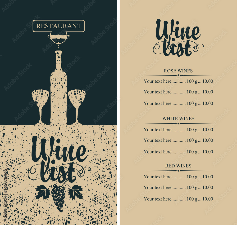 Vector wine list menu with bottle, two glasses, grapevine and price ...