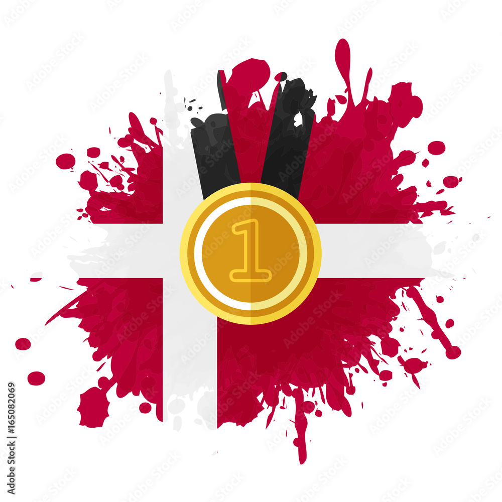 gold medal with number one on color splash with denmark flag background ...