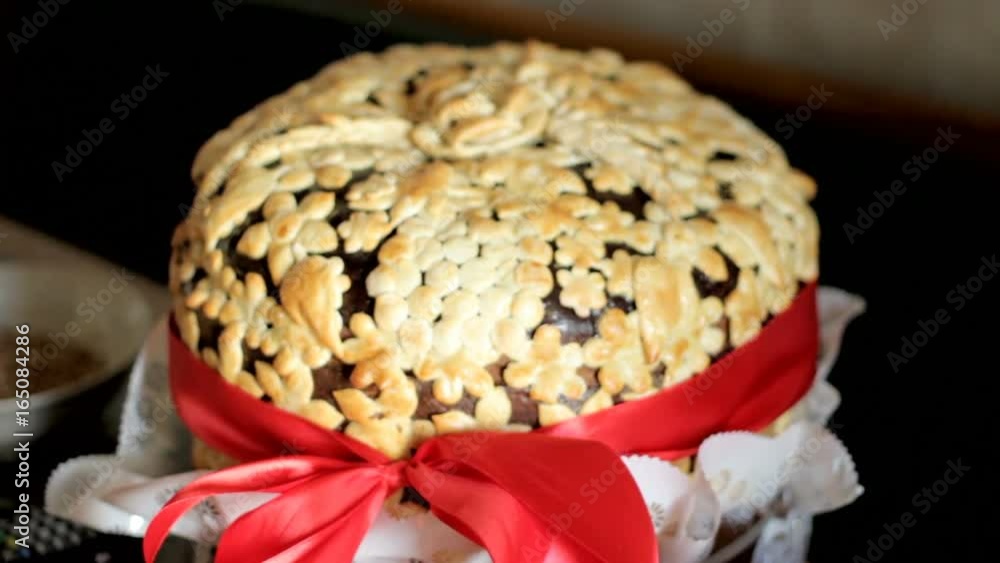 Traditional wedding bread on the table. Wedding table with sweet ...