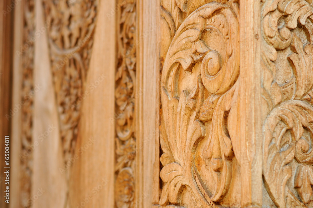 Wood carving detail with floral motif at old Mosque of Masjid Besar ...
