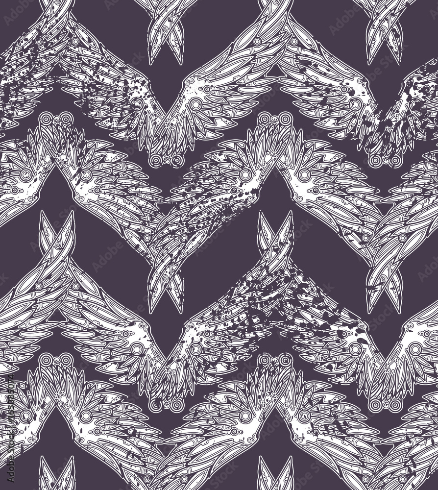 Repeated pattern. Seamless texture with beautiful white wings on violet ...