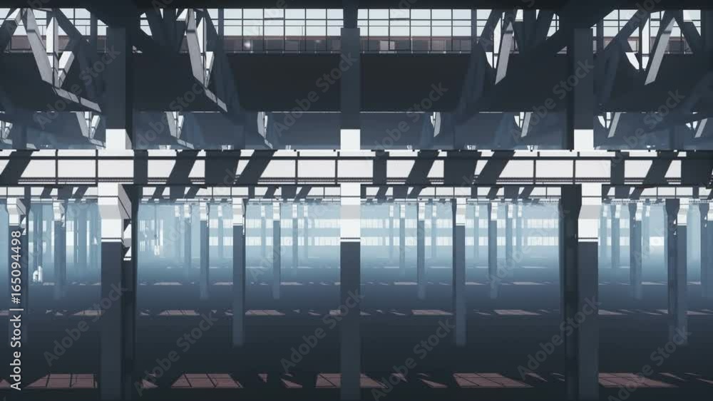 Panoramic shot inside empty deserted factory industrial building with ...