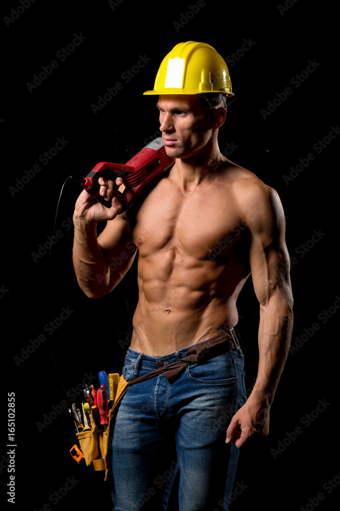 fit shirtless worker with tools Stock Photo | Adobe Stock