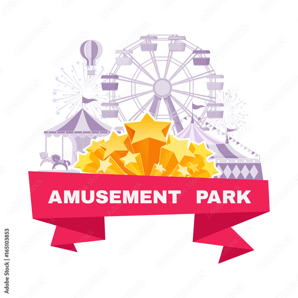 Amusement park banner with different carousels, swings and ferris wheel ...
