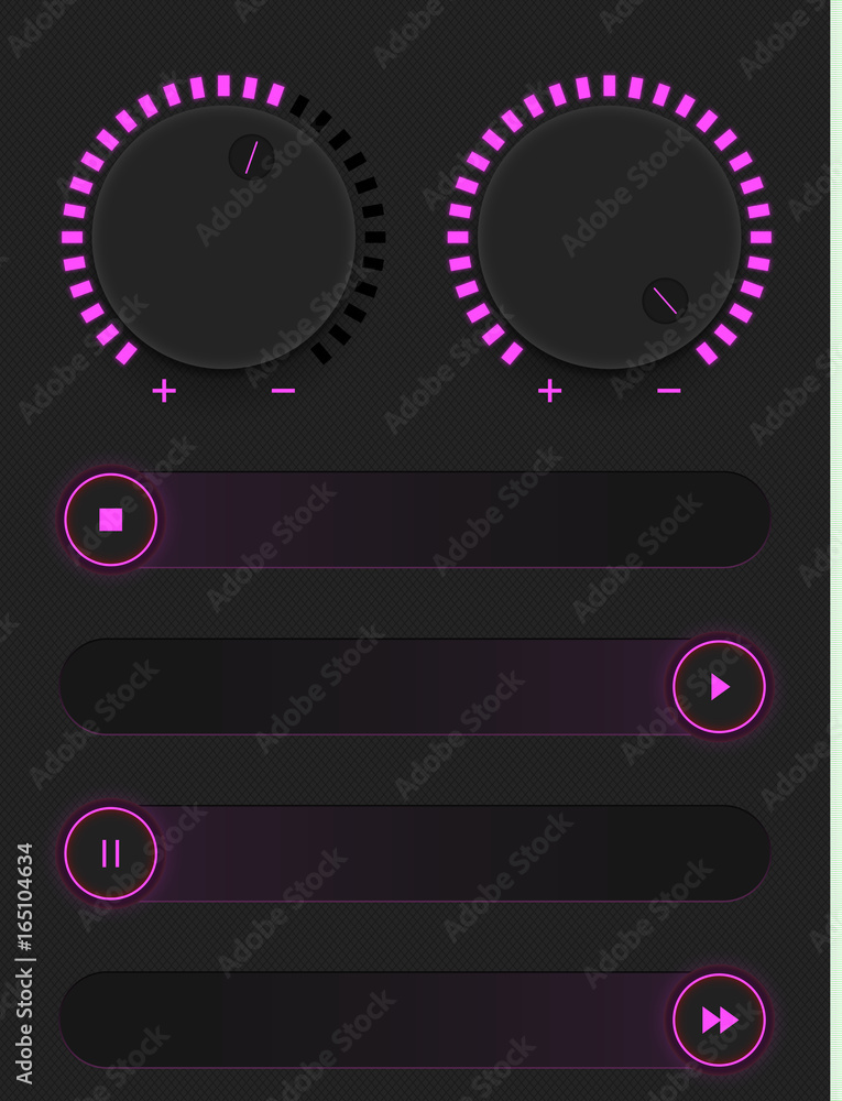 Set of glowing purple buttons and sliders. Neon style. Control user ...