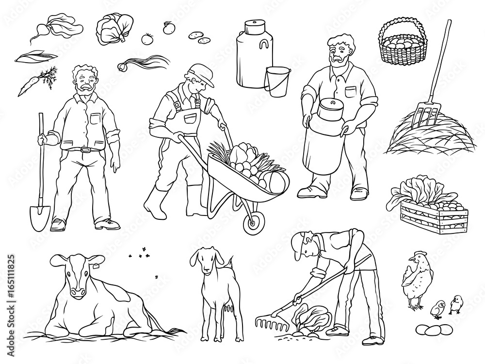 Vector sketch set black and white isolated illustration of farmers and ...