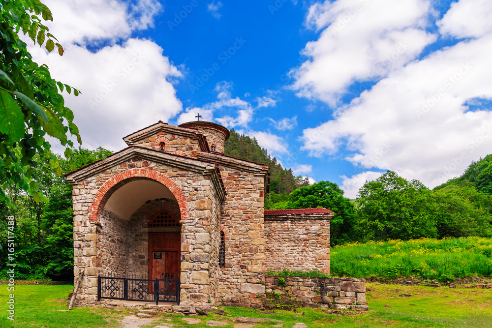 Medieval Alani Arkhyz Middle Temple in the summer landscape in the ...