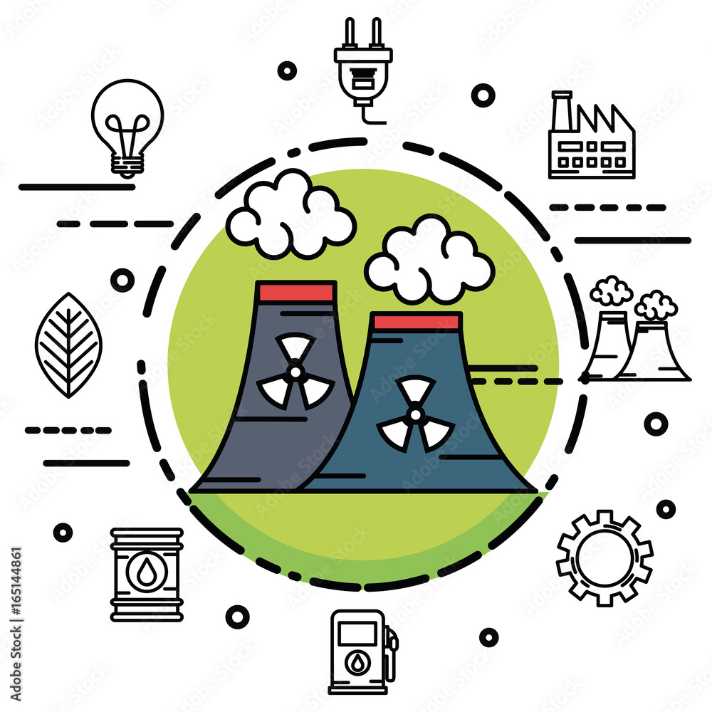 Nuclear power plant sticker and hand drawn energy related objects over ...