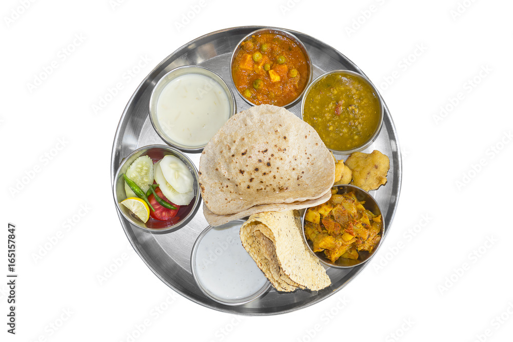 Traditional indian lunch with various foods. Typical meal served in ...