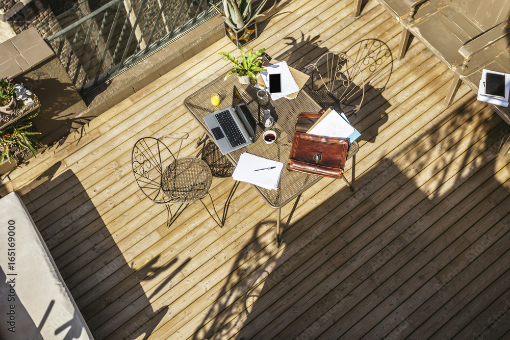 Beautiful desktop on a wooden terrace. Stock Photo | Adobe Stock