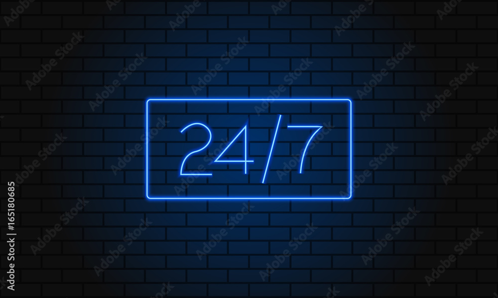 Open 24 7 Hours Neon Light on Brick Wall. Vector Illustration. 24 Hours ...
