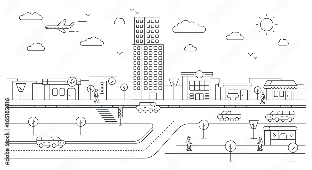 Isometric City Street Landscape View with Buildings, Roads, Trees, Cars ...