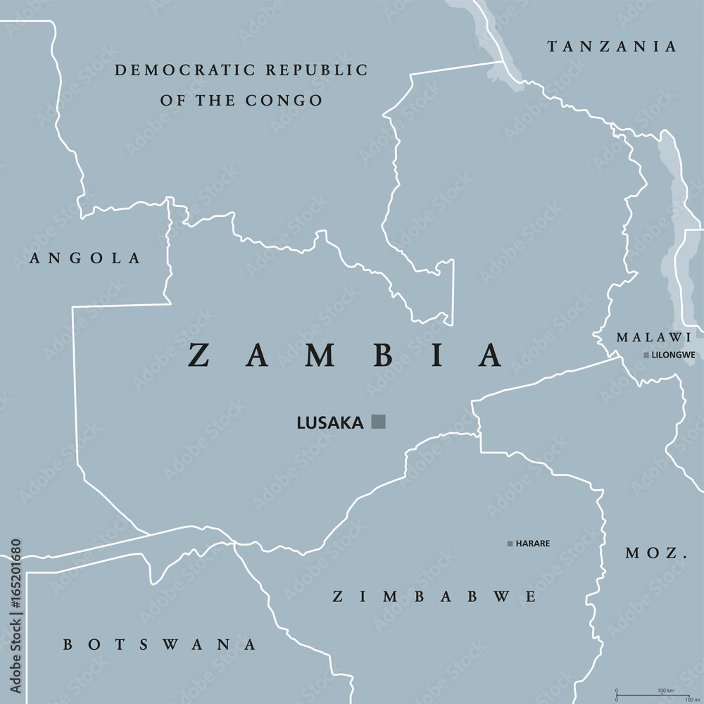 Zambia political map with capital Lusaka, international borders and ...
