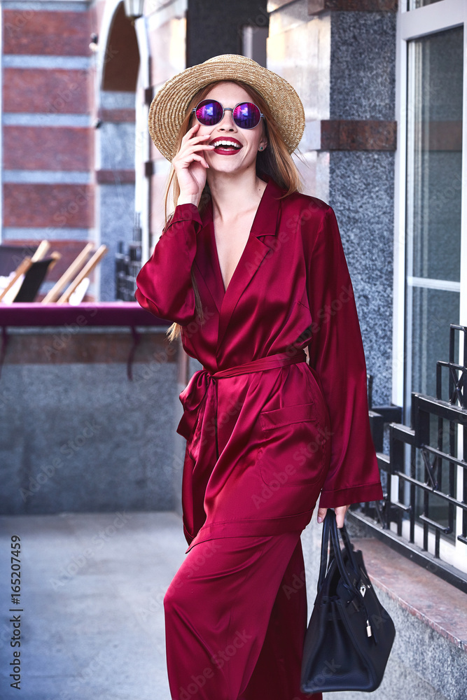 Fashion glam model beautiful pretty face sexy skinny body wear dark red ...