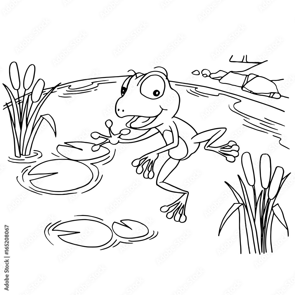Cartoon frog at lake coloring page vector Stock Vector | Adobe Stock