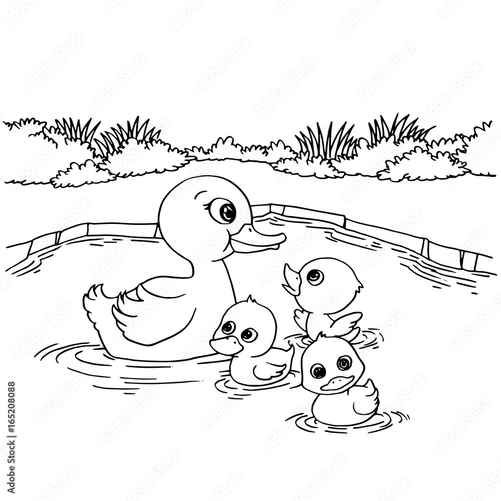 Cartoon duck lake coloring page vector Stock Vector | Adobe Stock