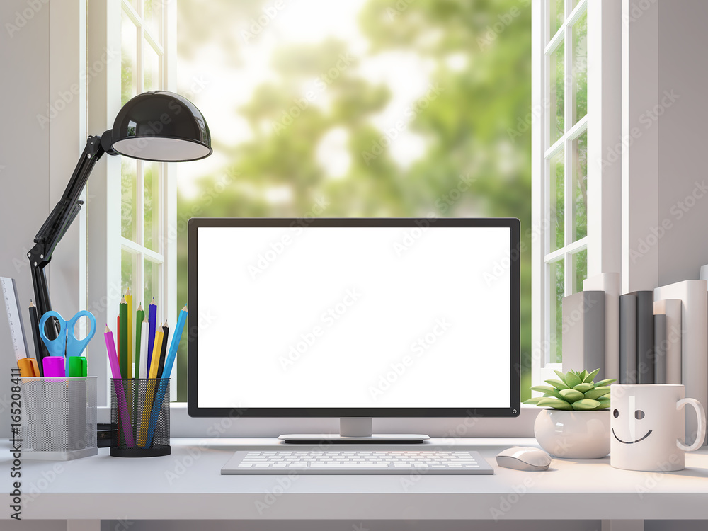 Easy white working desk with blank computer monitor screen 3d rendering ...