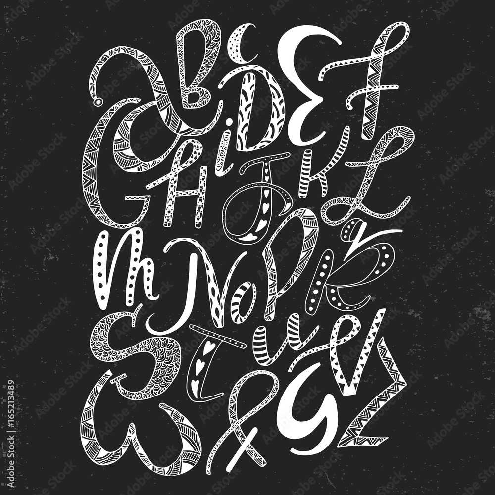 Unique hand drawn latin alphabet with doodle ornament. Cute comic font ...