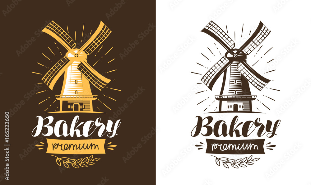 Mill, windmill logo or label. Bakery, bakehouse, bread icon. Lettering ...