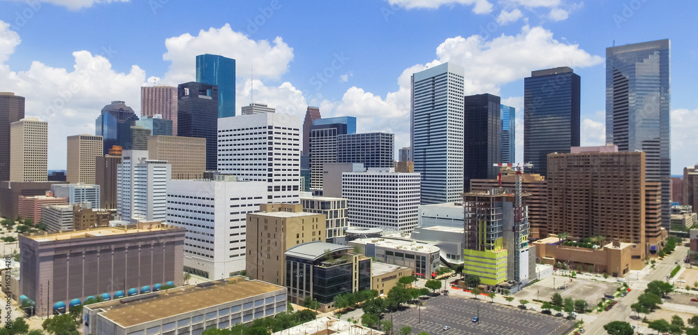 Panorama, aerial view Houston downtown against cloud blue sky with ...