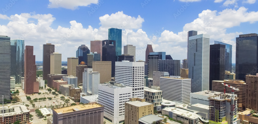Panorama aerial view Houston downtown against cloud blue sky with empty ...