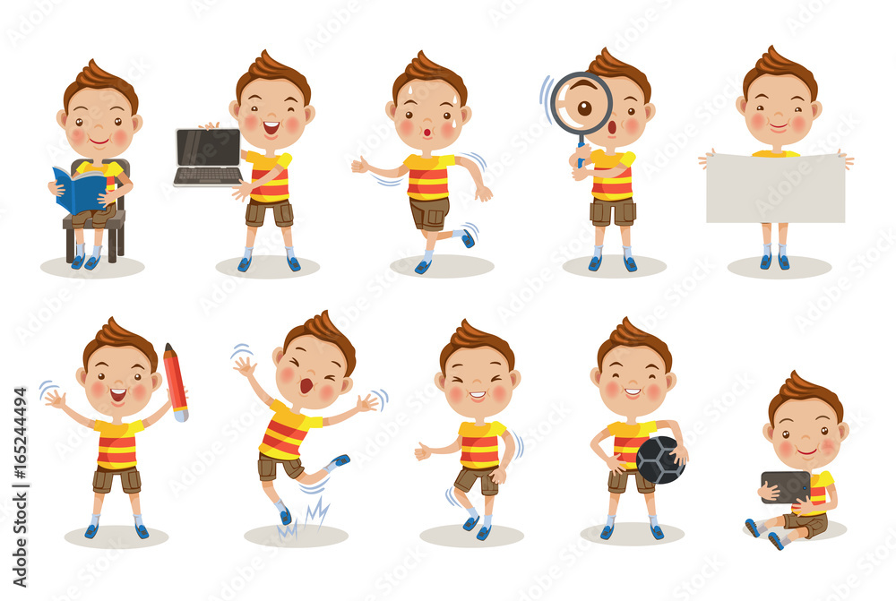 Boy poses Kids different pose, about learning. at school or at home ...
