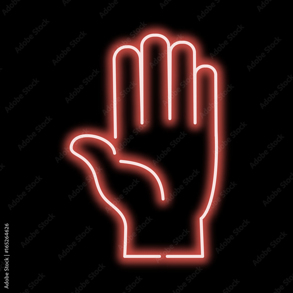 Neon sign hand palm. Red sign on a black background. vector ...