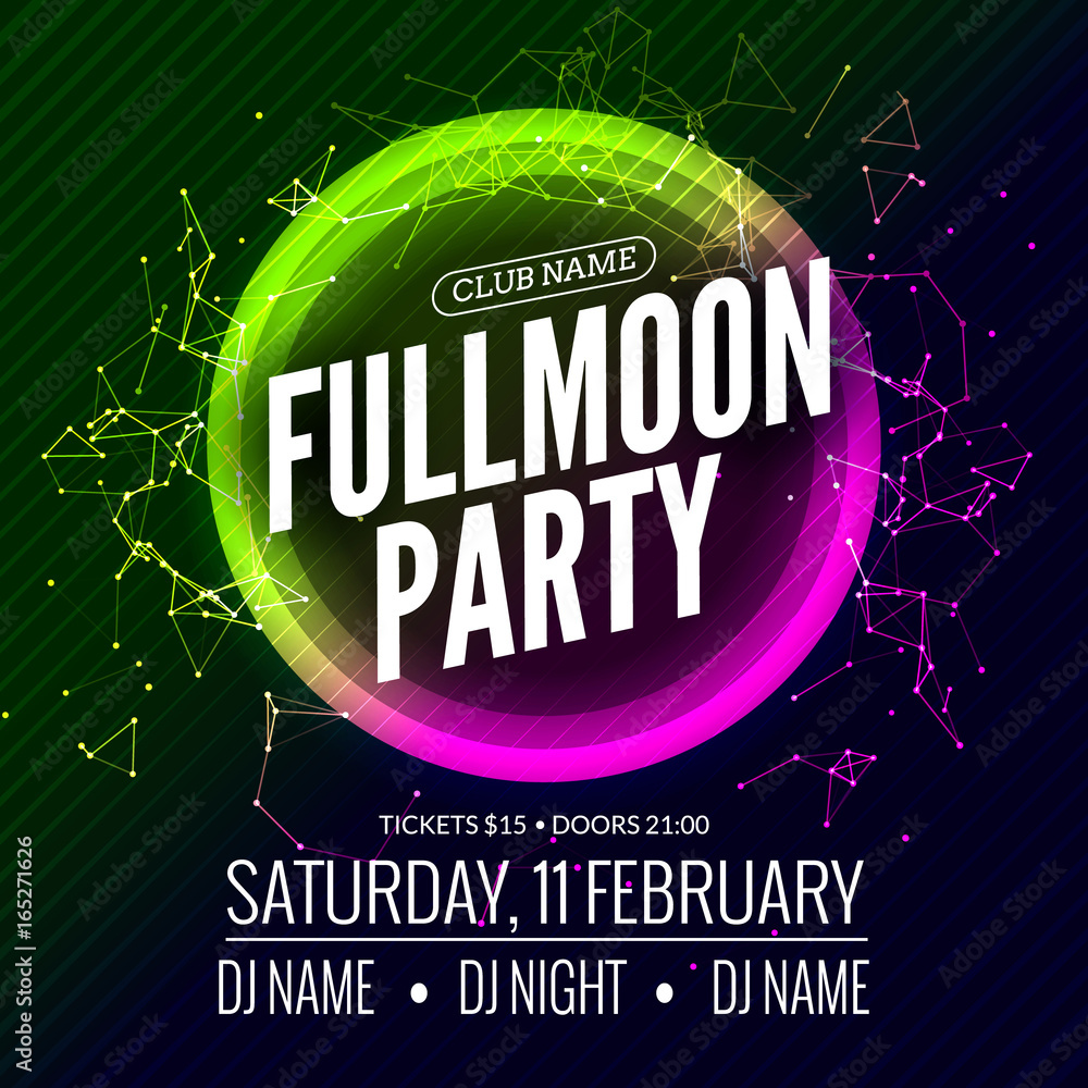 Fullmoon party design flyer. Disco party night. Vector dance poster ...