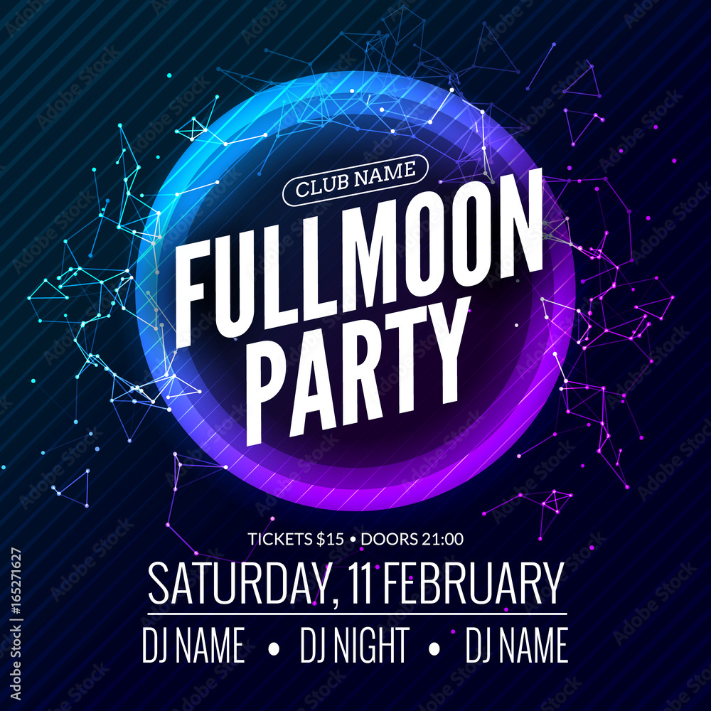 Fullmoon party design flyer. Disco party night. Vector dance poster ...