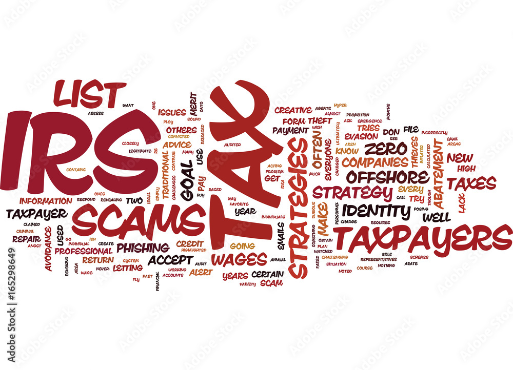 LIST OF TAX SCAMS RELEASED BY IRS Text Background Word Cloud Concept ...